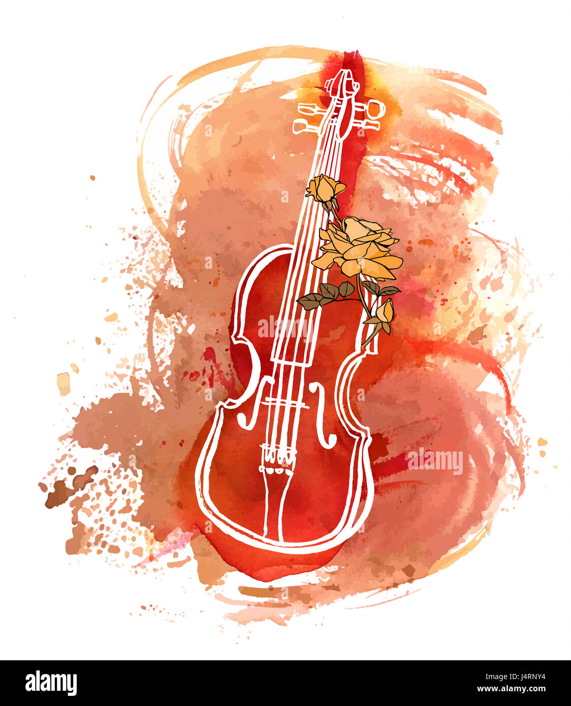 A pen and ink drawing of a vintage violin with a rose and a grunge ...