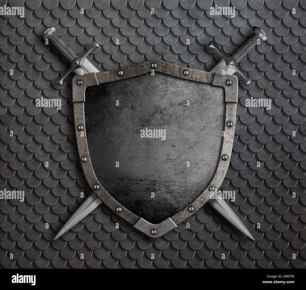 medieval shield with two crossed swords over scales armor 3d ...
