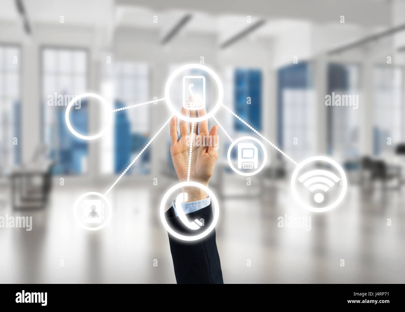 Modern office interior and close of businesswoman hand choosing symbol ...