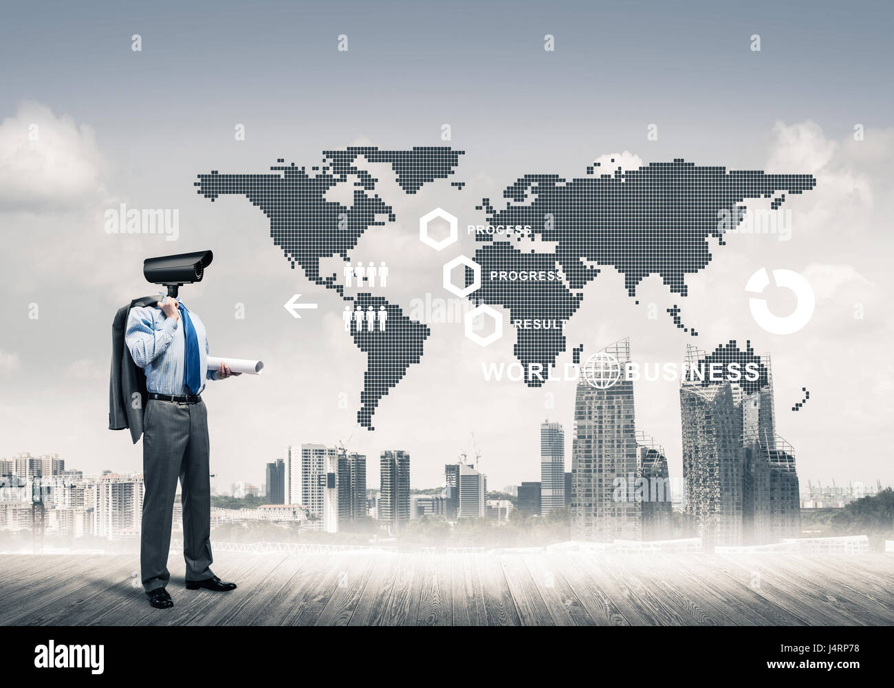 Camera headed man standing on wooden floor against modern citysc Stock ...