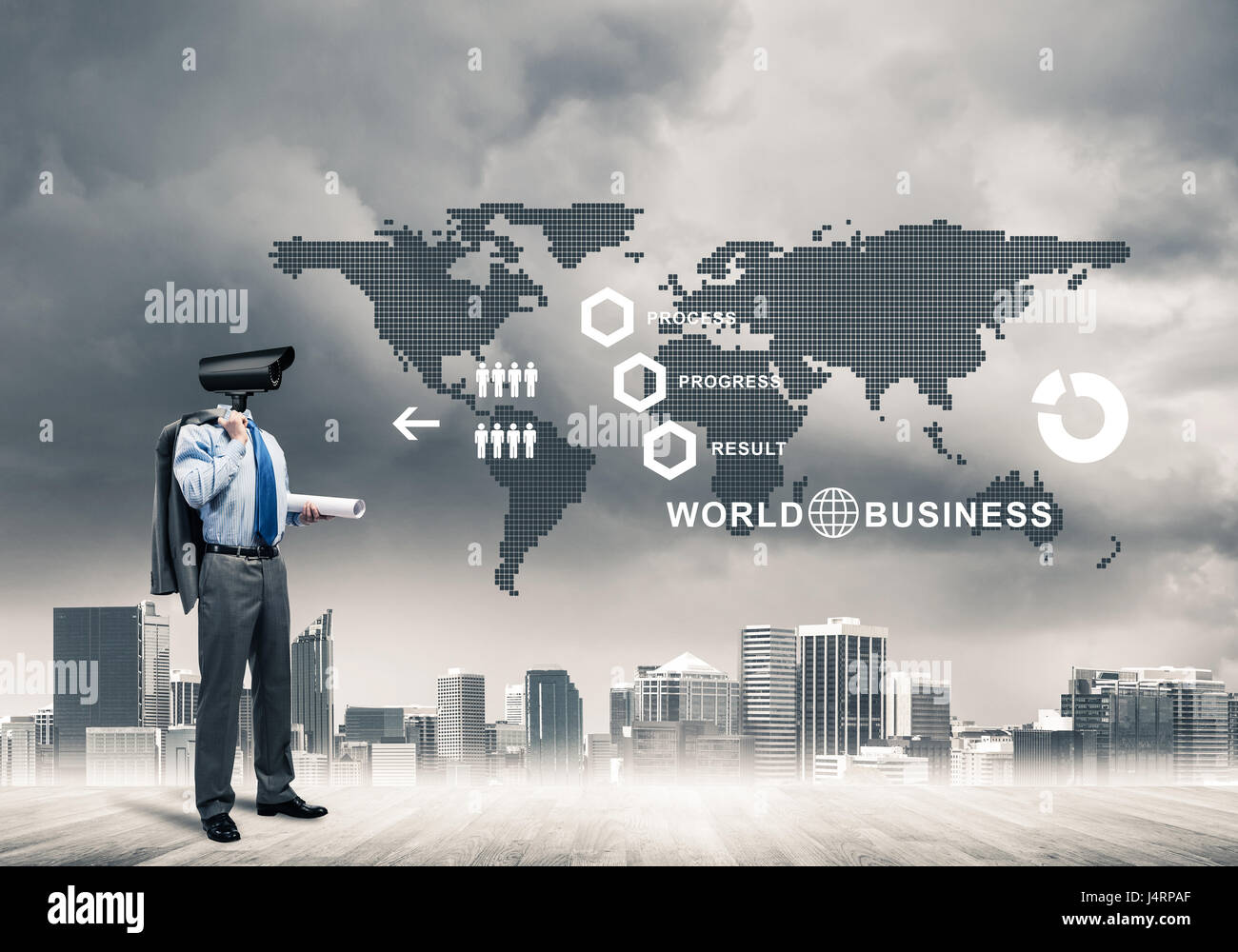 Camera headed man standing on wooden floor against modern citysc Stock ...