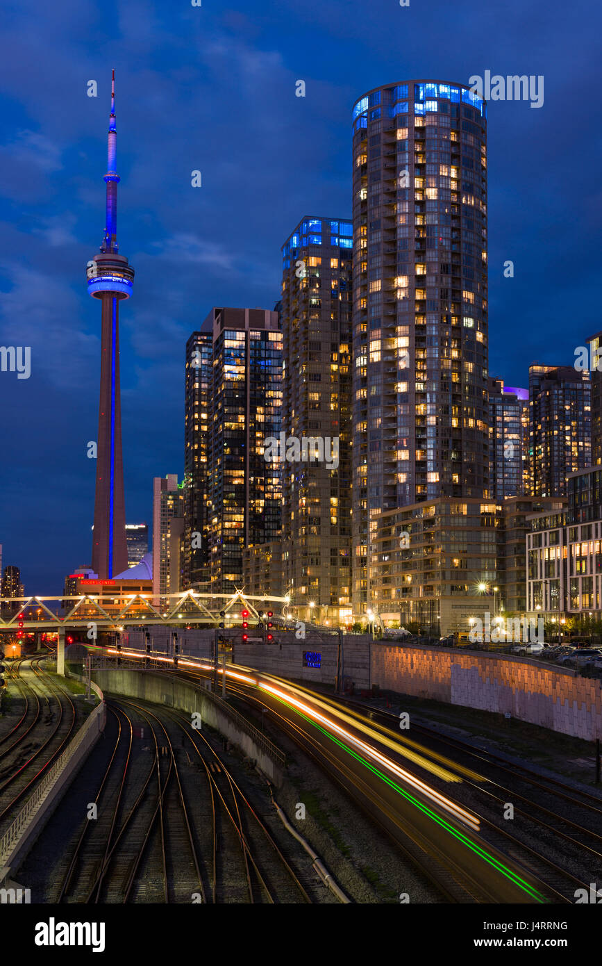 CN Tower And Toronto Skyline With Railway Tracks At Dusk, Toronto ...