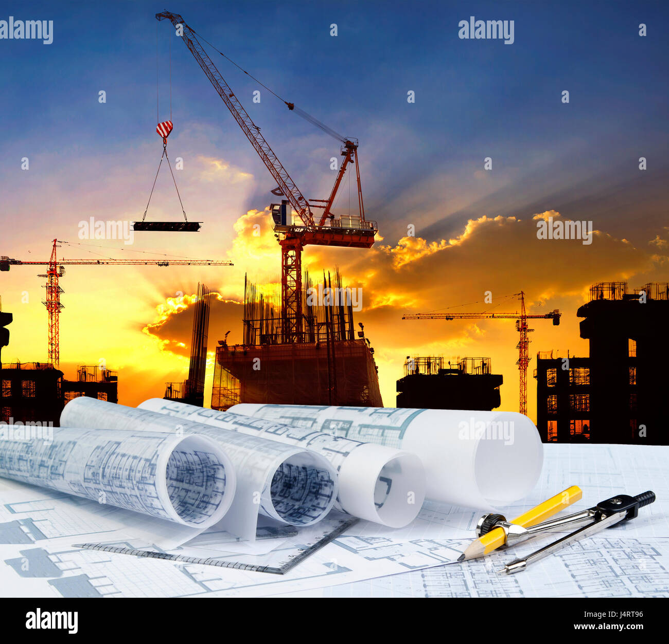 engineer working table plan, home model and writing tool equipment ...