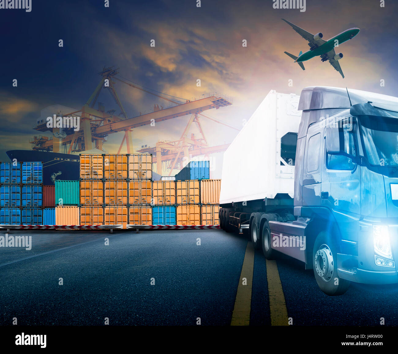working man and container truck ,ship in port and freight cargo plane ...