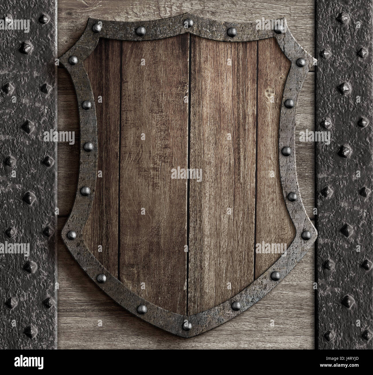 wood shield on medieval castle gate 3d illustration Stock Photo - Alamy