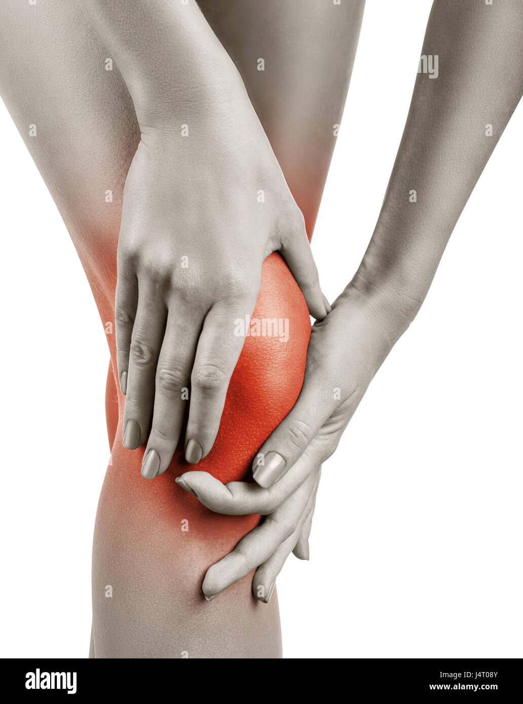 Woman having knee pain isolated on a white background Stock Photo - Alamy