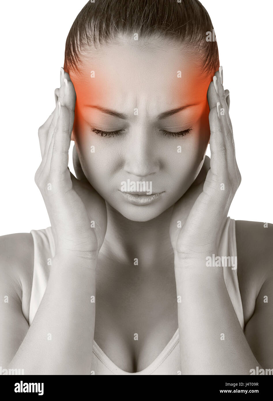 Woman with headache isolated on white background Stock Photo - Alamy