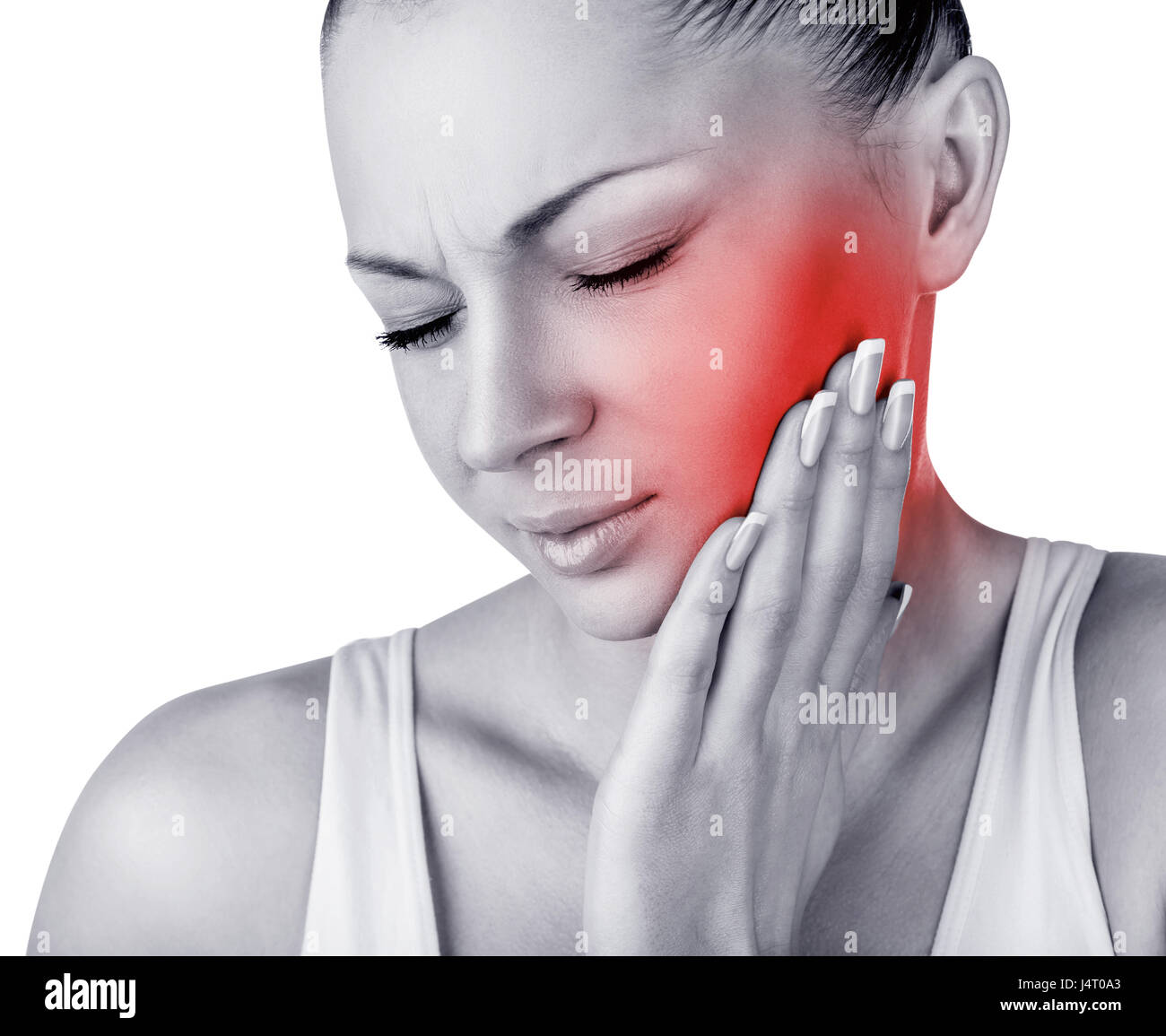 Young woman in pain is having a toothache isolated on white background ...