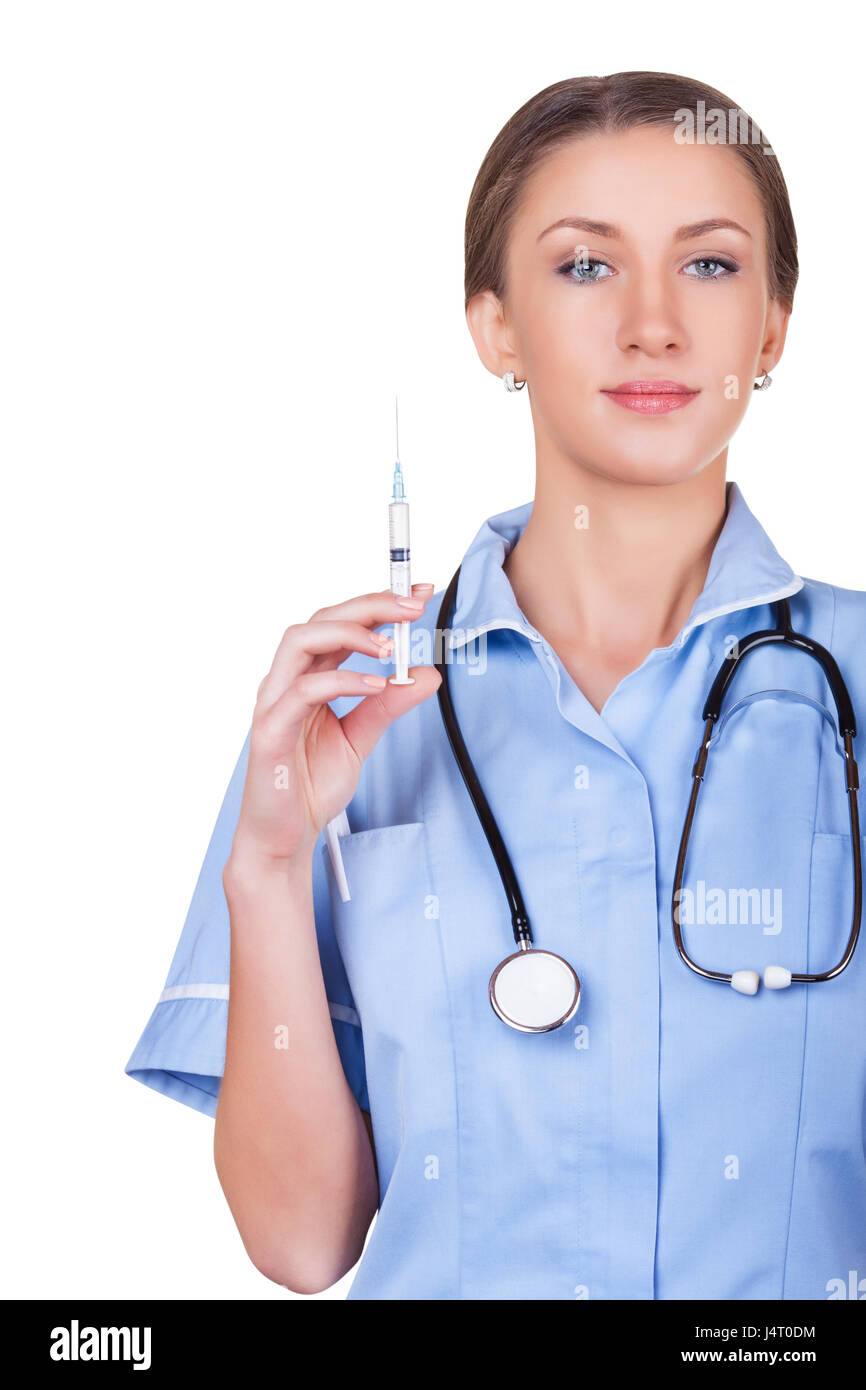 Female doctor with syringe isolated on white background Stock Photo - Alamy