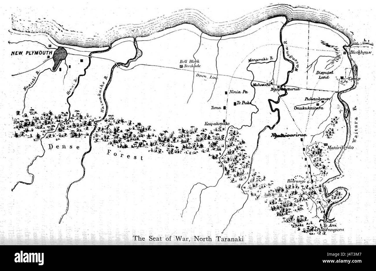 A historical image depicting the 'seat of war' in the north Taranaki ...