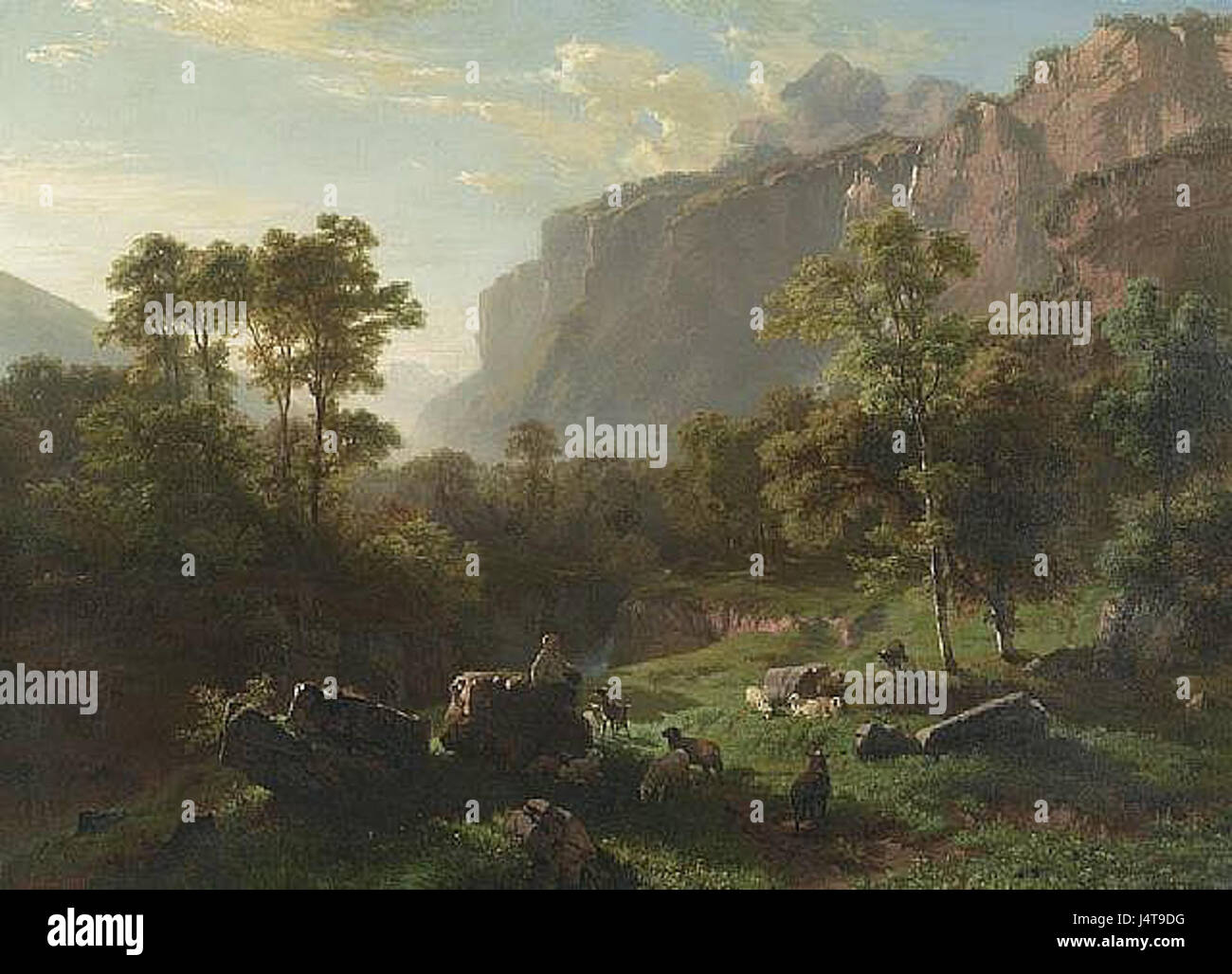 This 1858 artwork depicts a young herdsman guiding goats and sheep. It ...