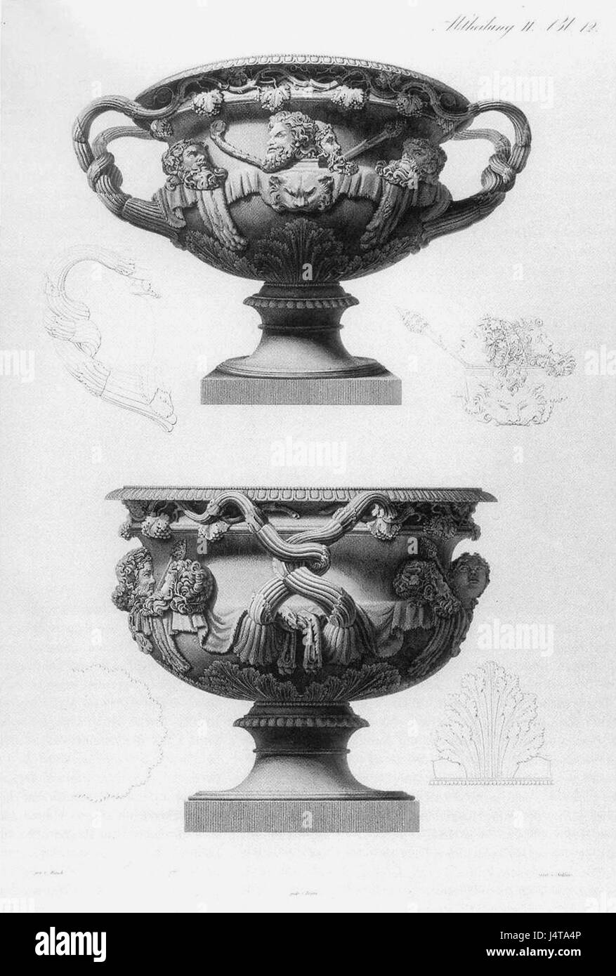 An engraving or depiction of the Warwick Vase, a famous classical urn ...