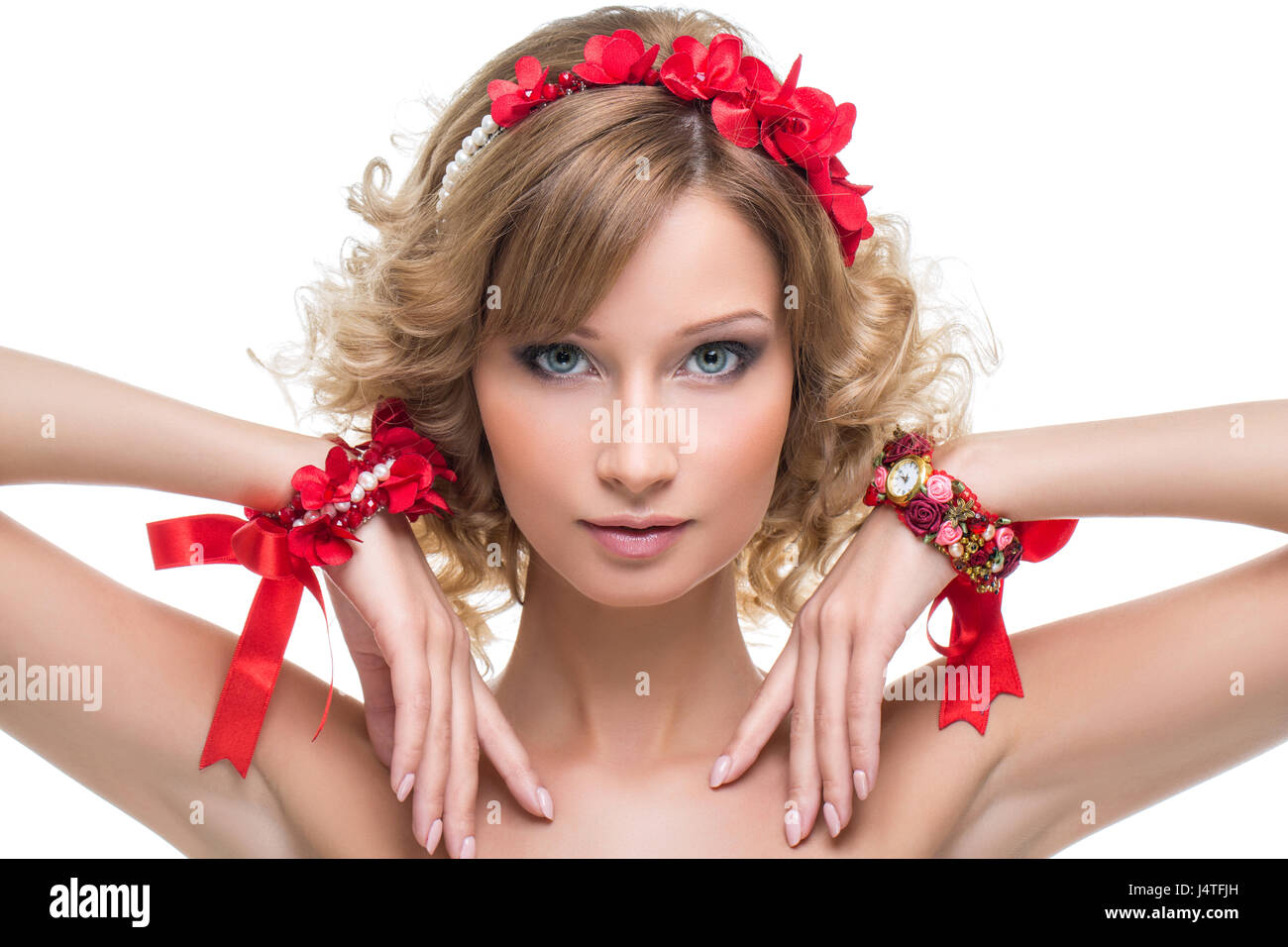 beautiful girl with red ribbon accessories Stock Photo - Alamy