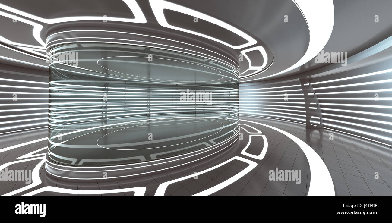 Futuristic interior with empty glass showcase Stock Photo - Alamy
