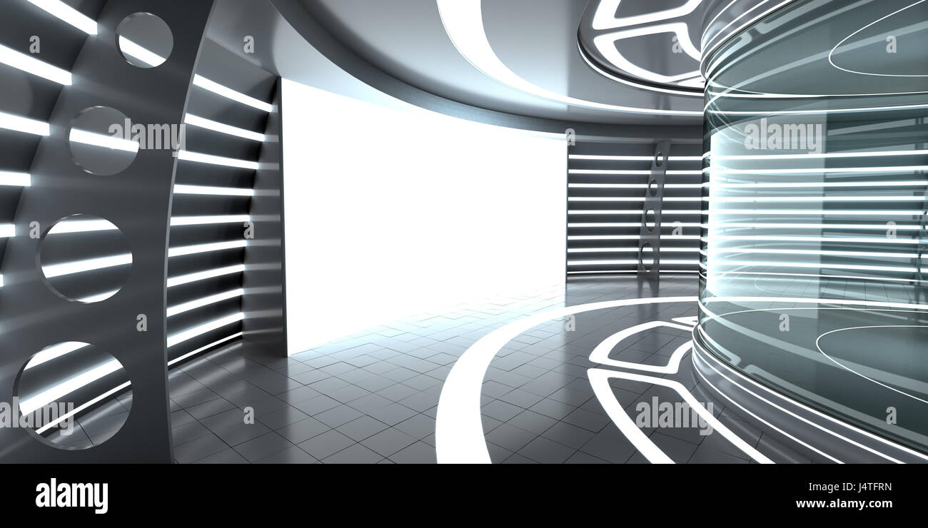 Futuristic interior with glass showcase and panel Stock Photo - Alamy