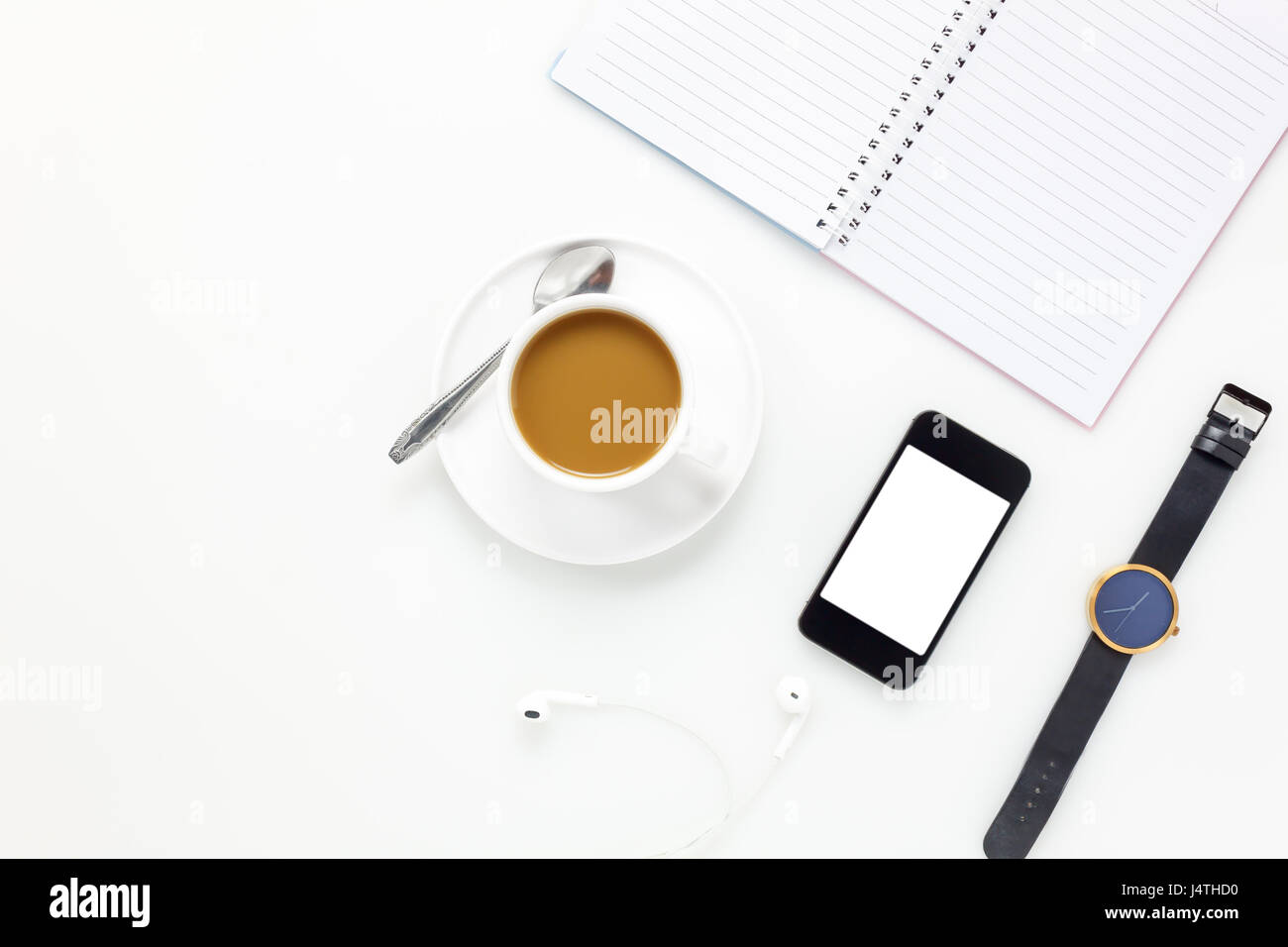 Top view business office desk.mobile phone,watch,coffee,notebookl on ...