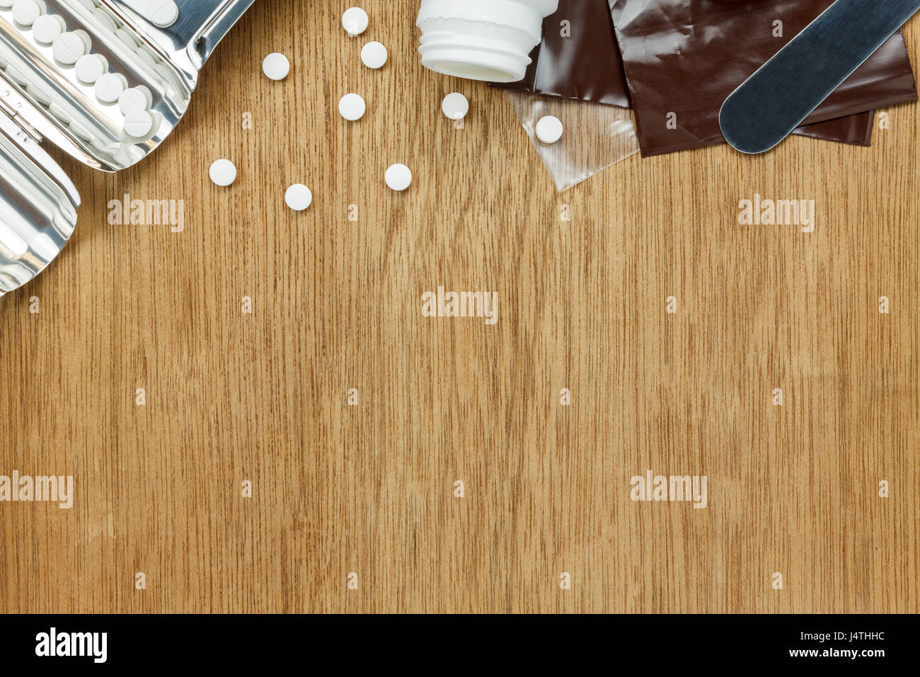 Top view medical concept the pills,plastic packaging,bottle and tray ...