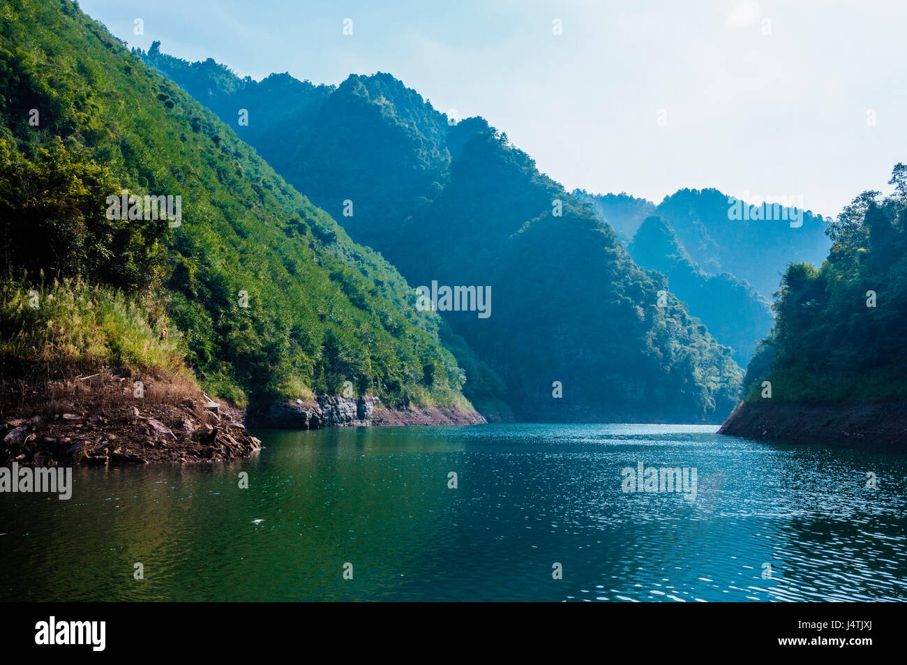 The reservoir scenery with blue sky in summer Stock Photo - Alamy