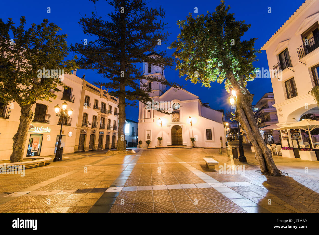 Nerja, Spain - May 05, 2017: Illuminated city square in Nerja, Malaga ...