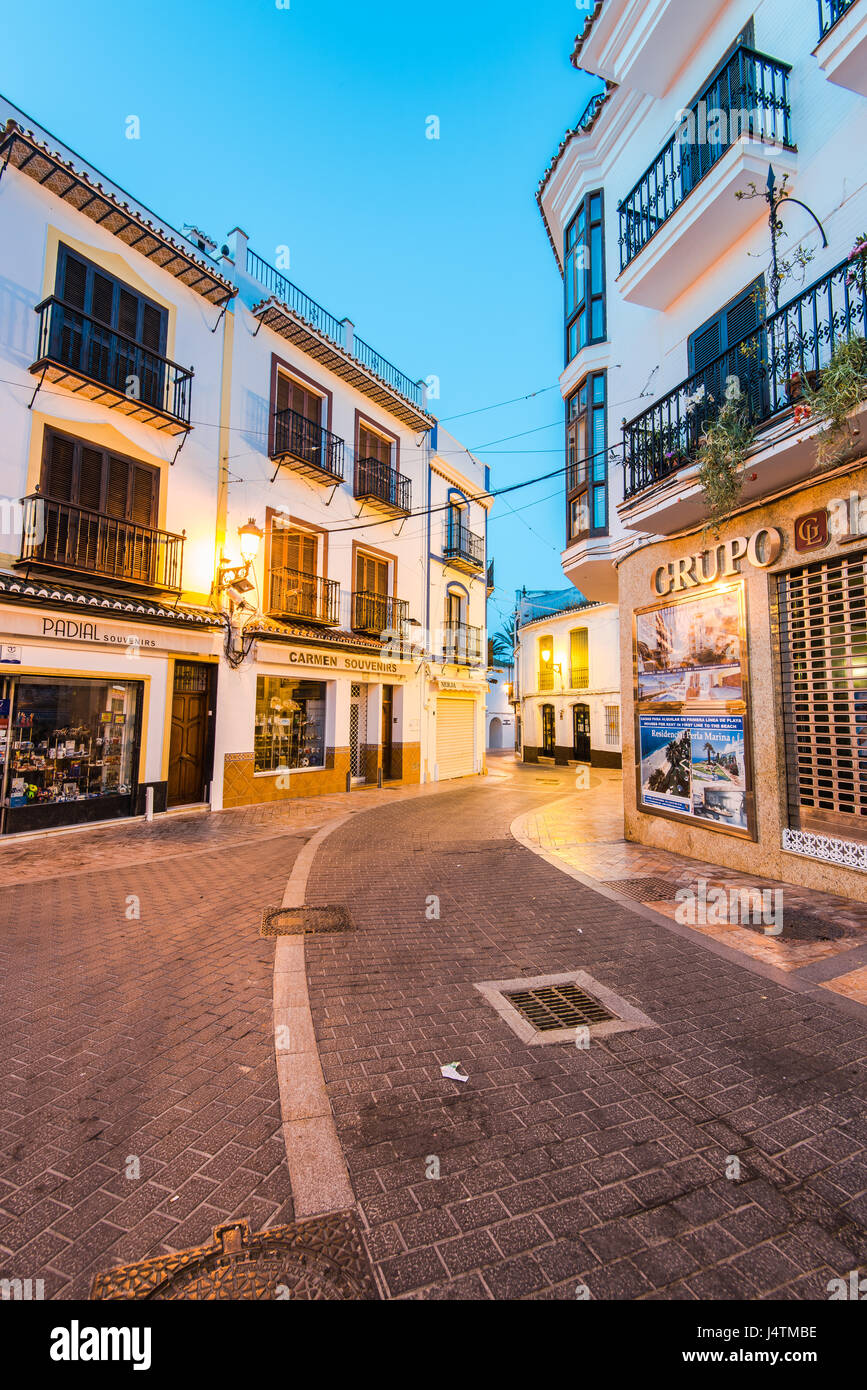 Nerja, Spain - May 05, 2017: Illuminated streets of historic Nerja ...