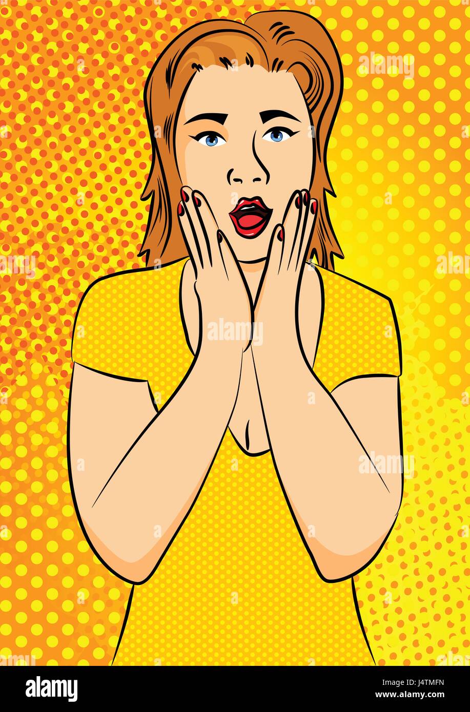 Retro classic comic book, cartoon illustrated surprised woman Stock ...