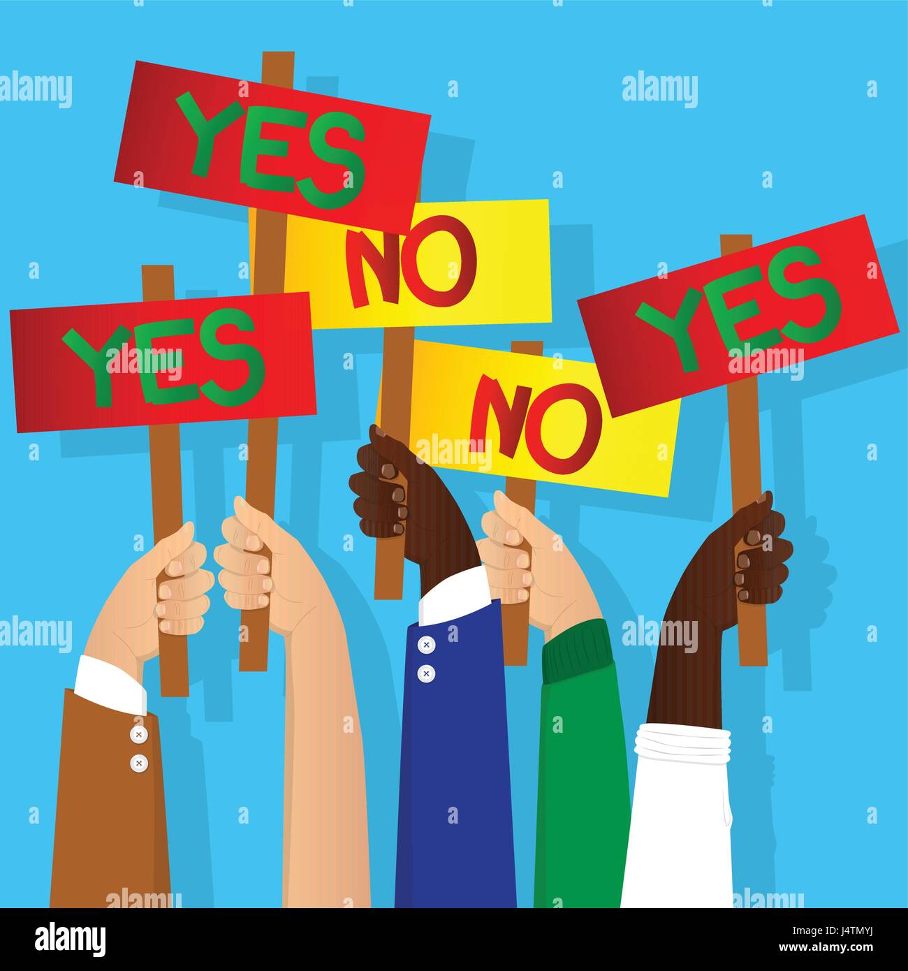 Vector illustrated cartoon hands holding yes and no vote signs Stock ...