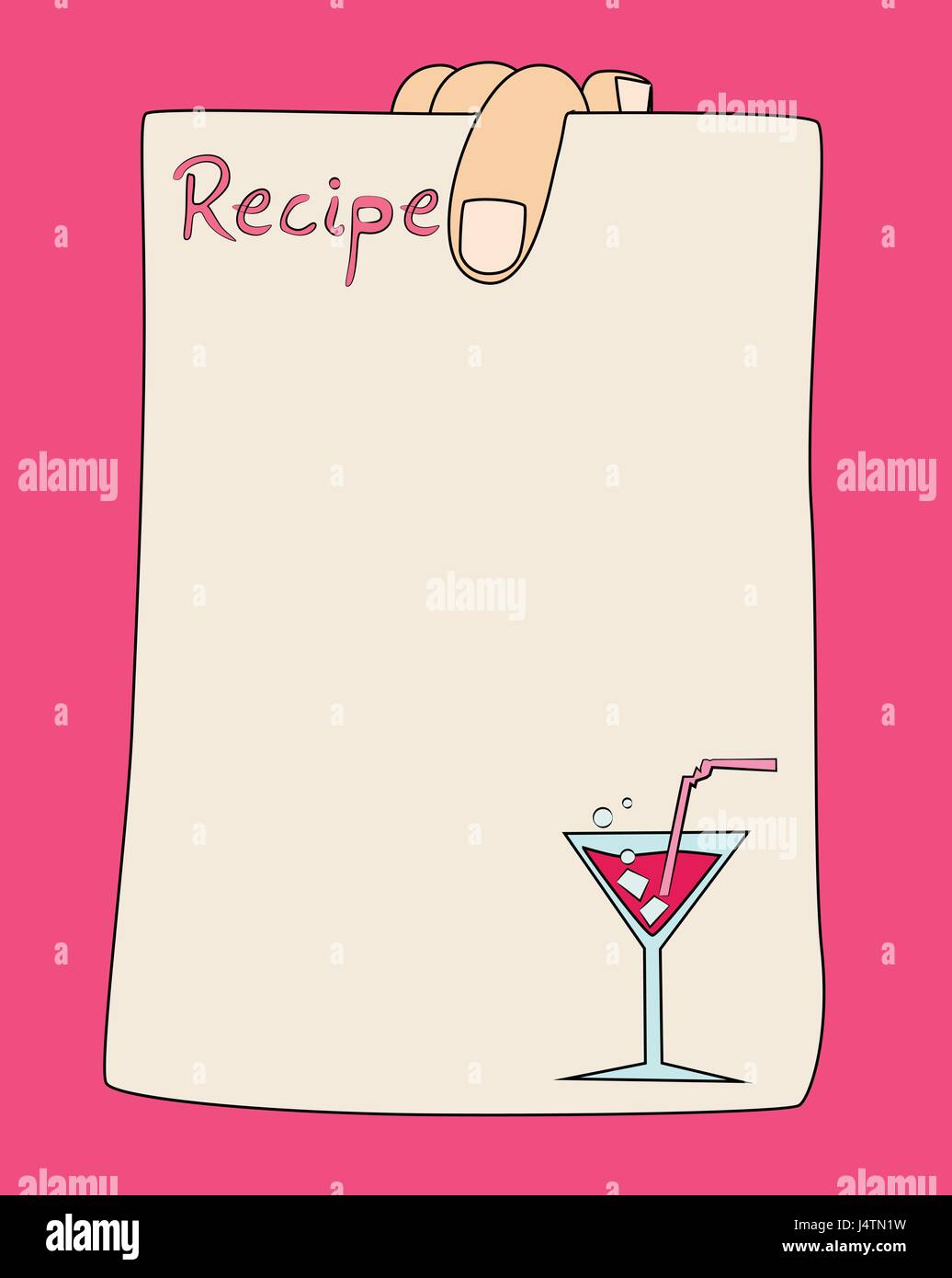 Vector cartoon hand holding recipe card template with coctail Stock ...