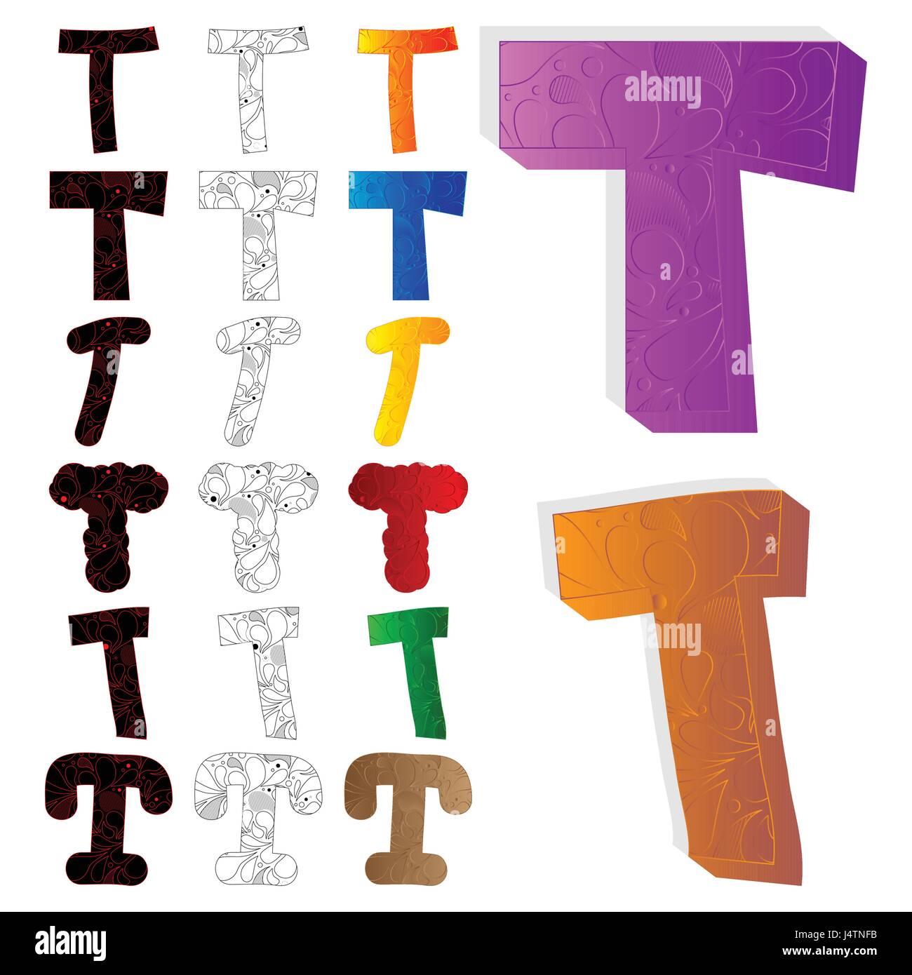 Vector illustrated set of letter T, filled with floral elements Stock ...