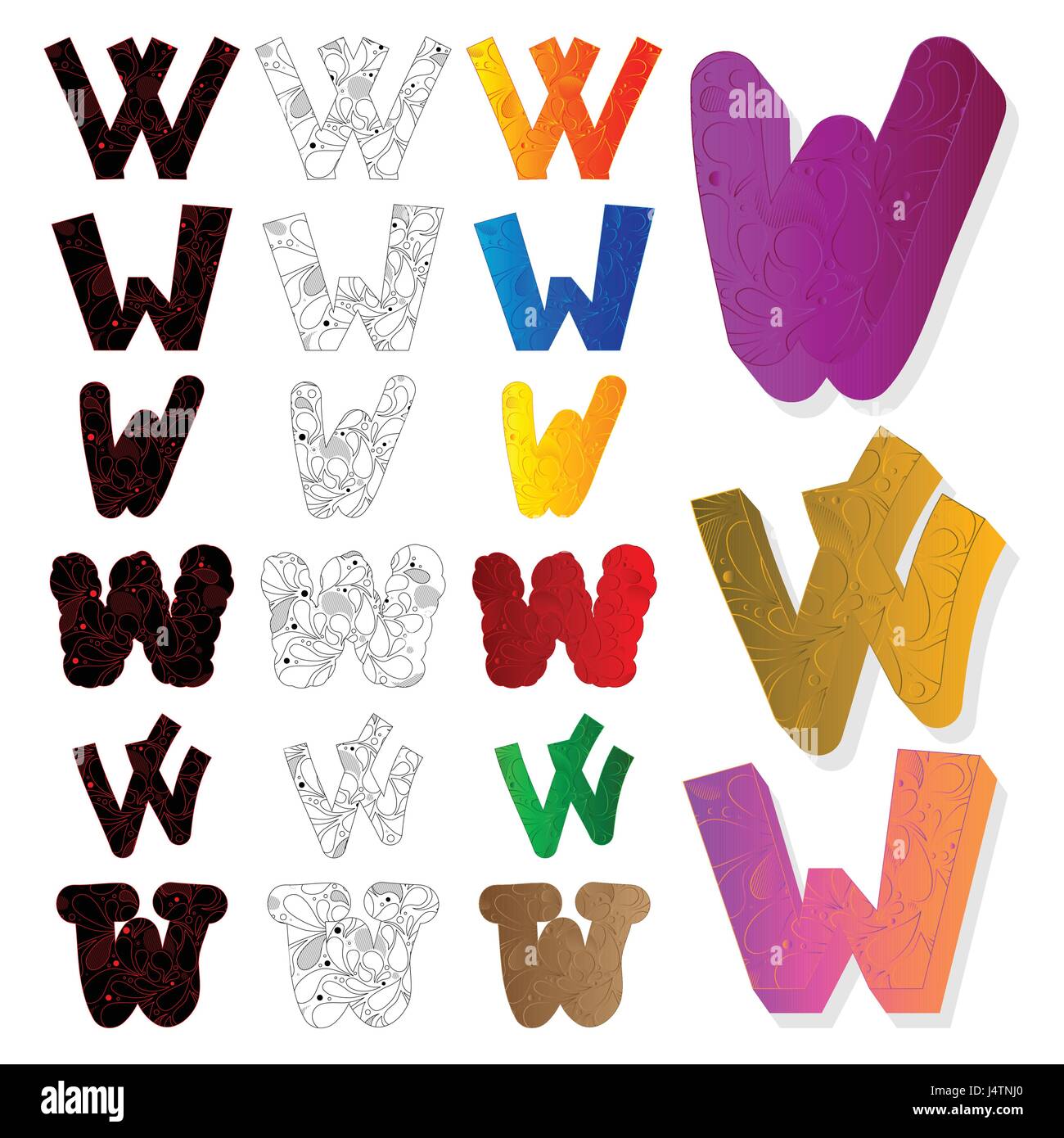 Vector illustrated set of letter W, filled with floral elements Stock ...