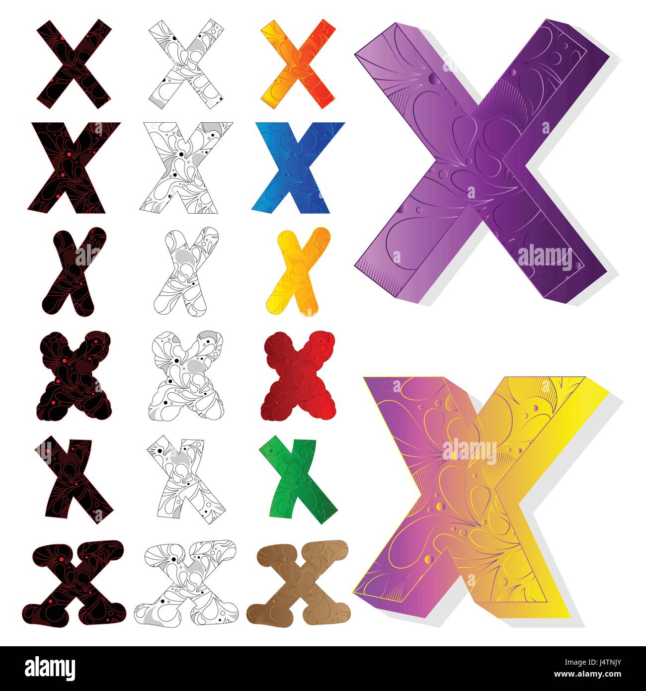 Vector illustrated set of letter X, filled with floral elements Stock ...