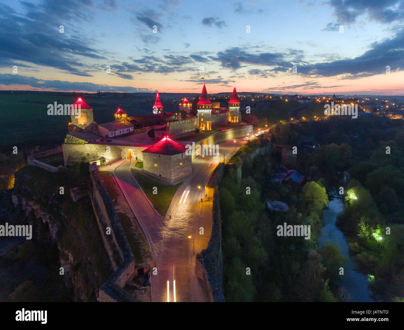 Night Aerial view of Kamianets-Podilskyi Castle in Ukraine Stock Photo ...