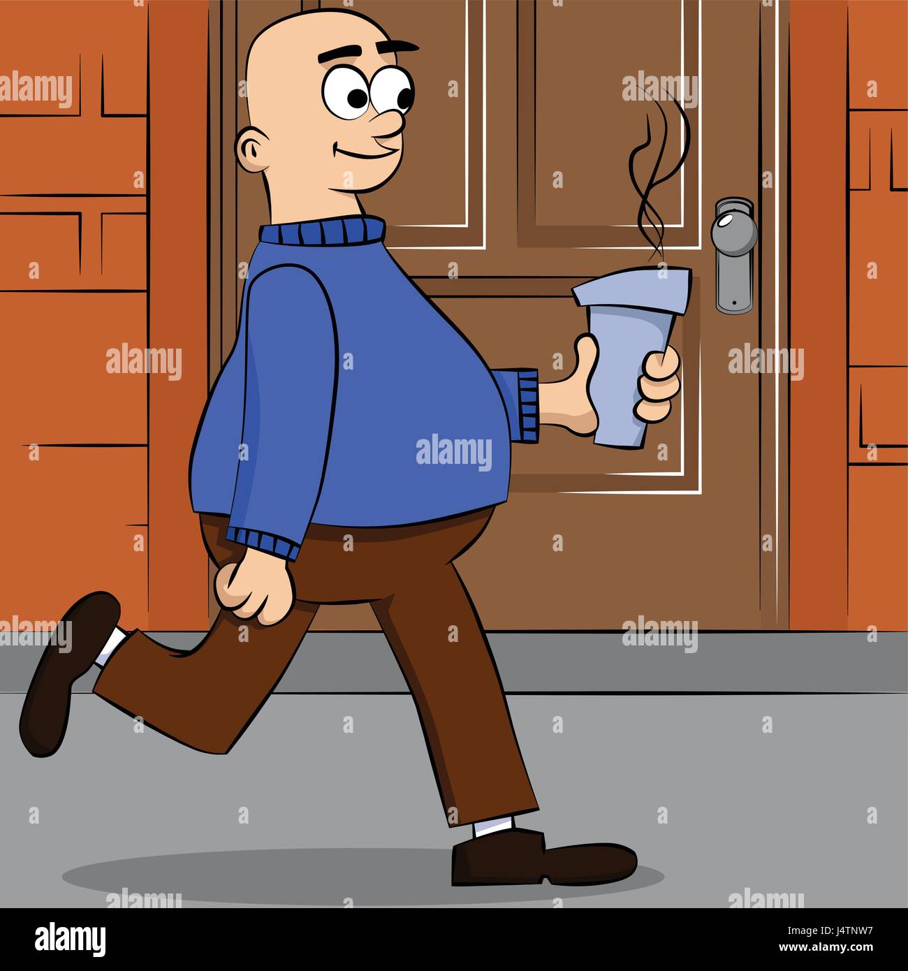 Vector illustrated cartoon man running with a cup of coffee on the ...