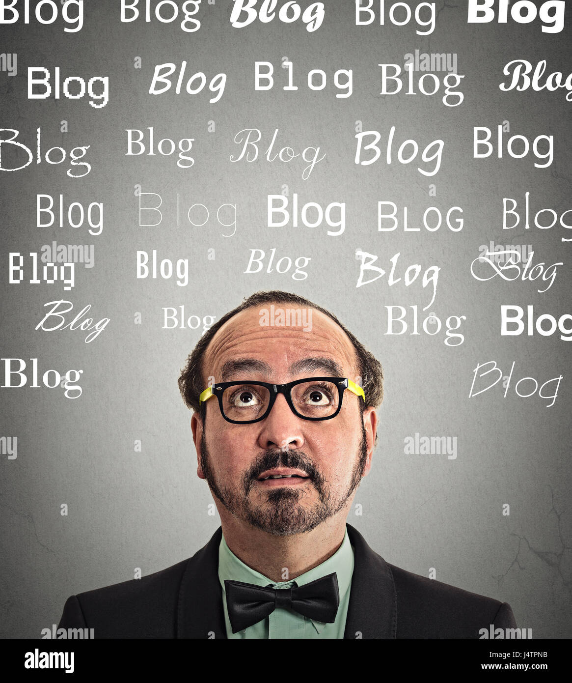 Headshot business man with glasses thoughtful expression blog words ...