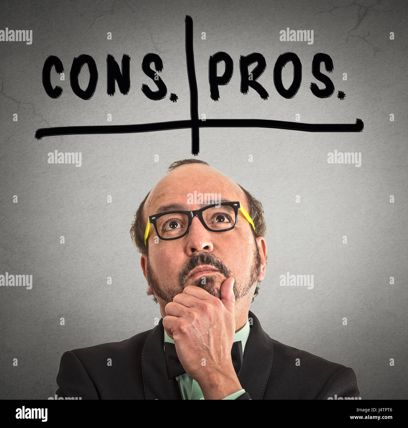 pros and cons, for and against argument concept. Thinking middle aged ...