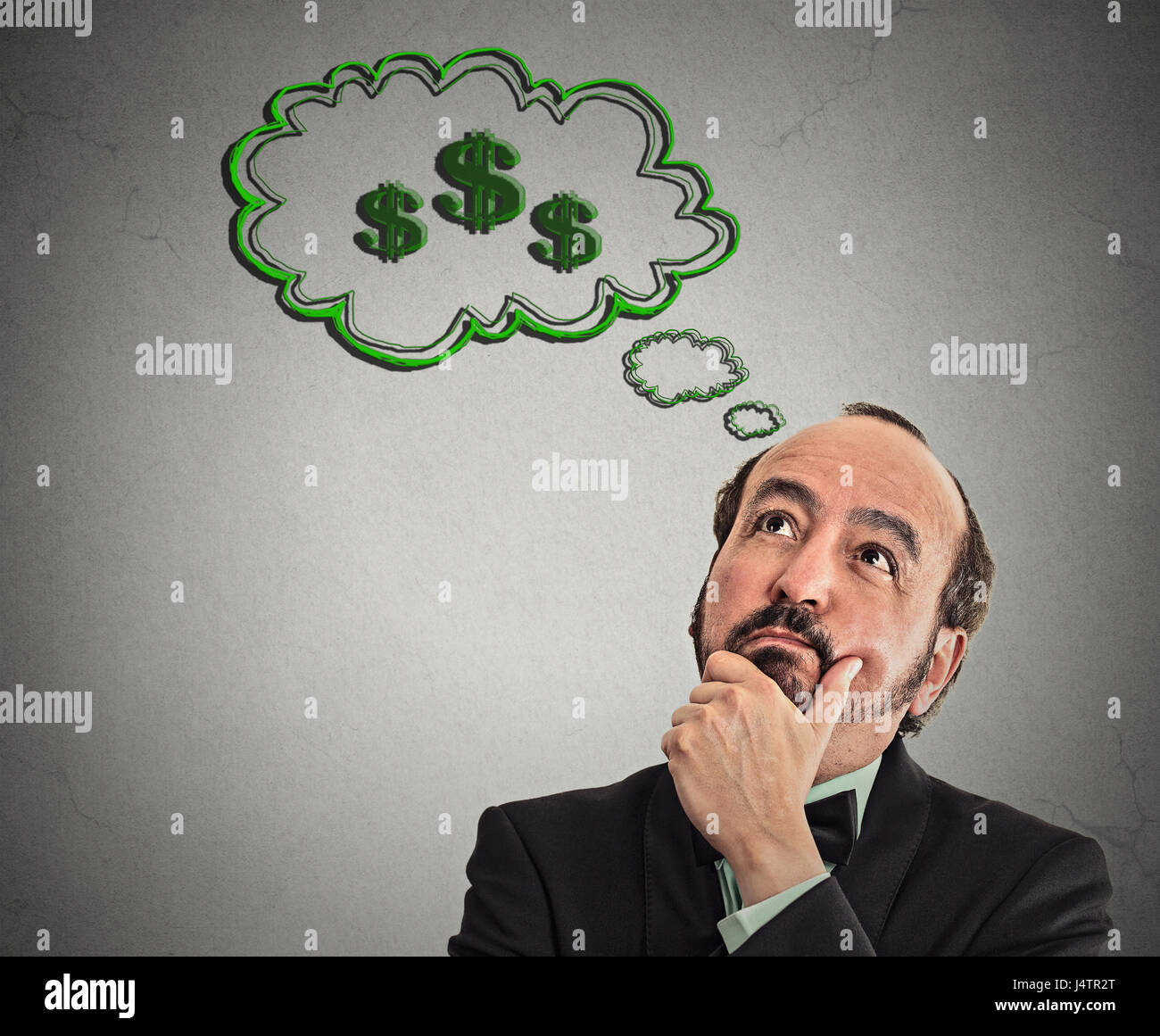headshot man dreaming financial success money isolated grey wall ...