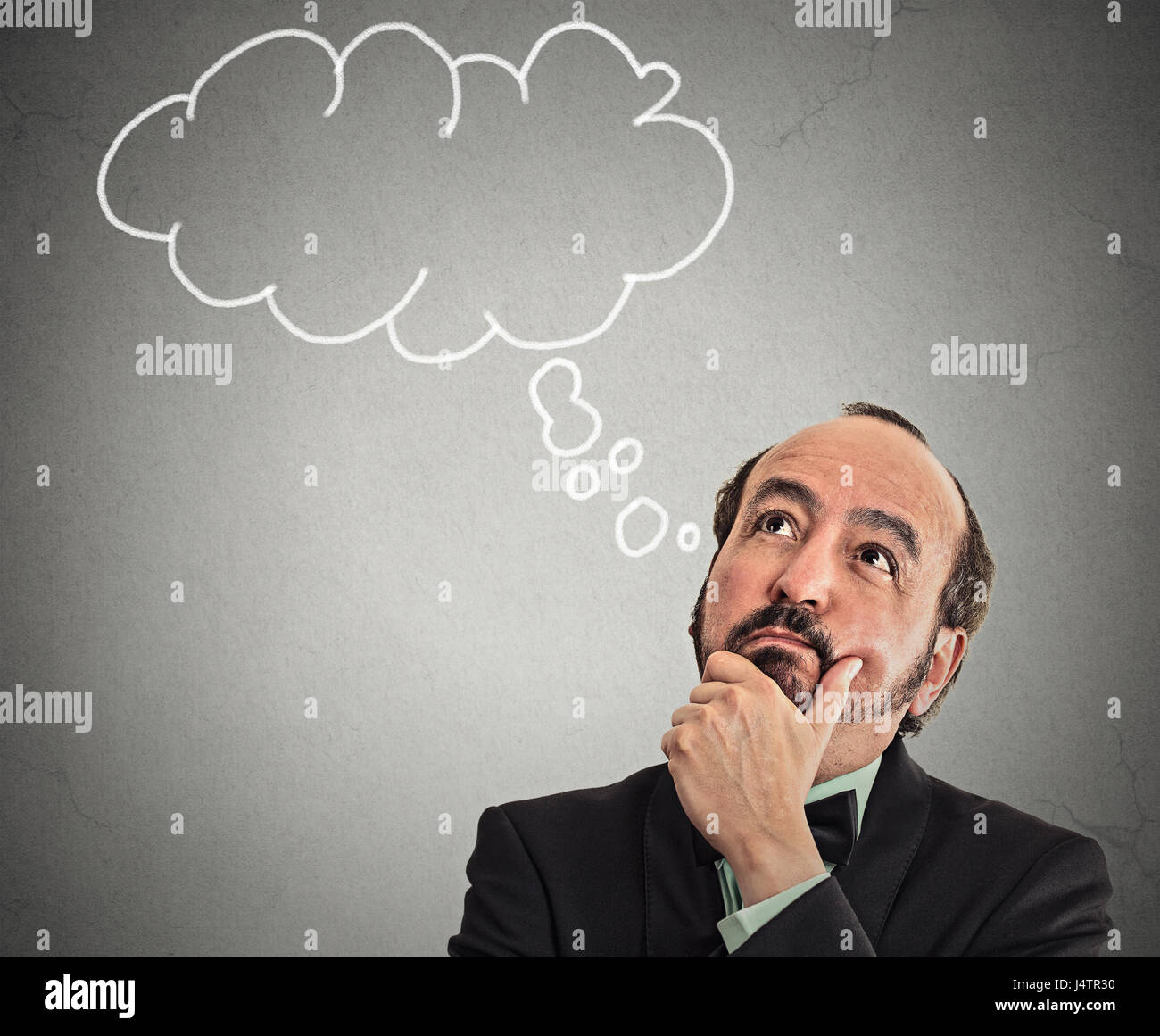 Headshot middle aged man with thoughtful puzzled face expression blank ...