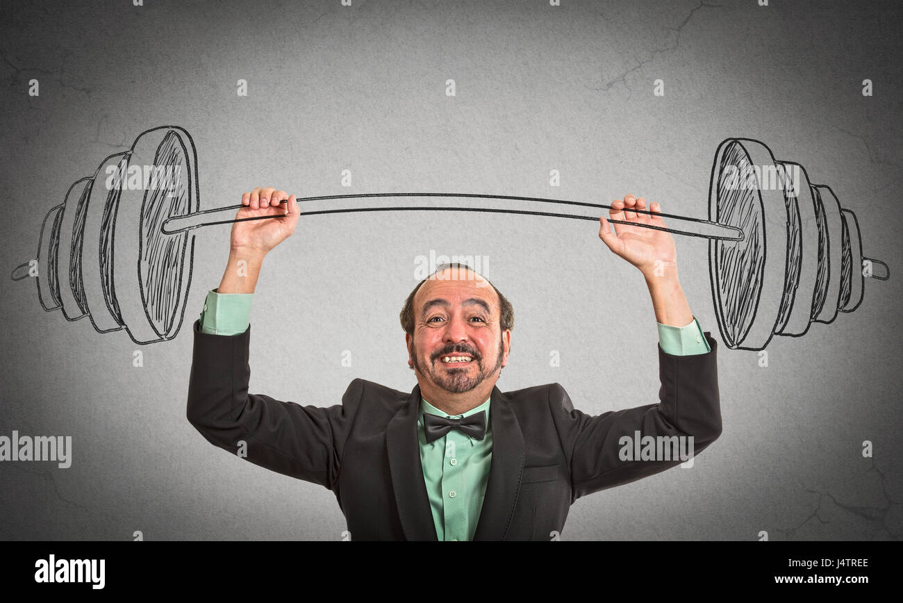middle aged businessman holding hand sketched barbell. Achievements in ...
