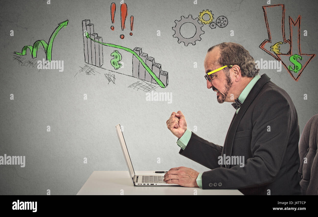Business man with glasses working on computer upset anticipation of ...