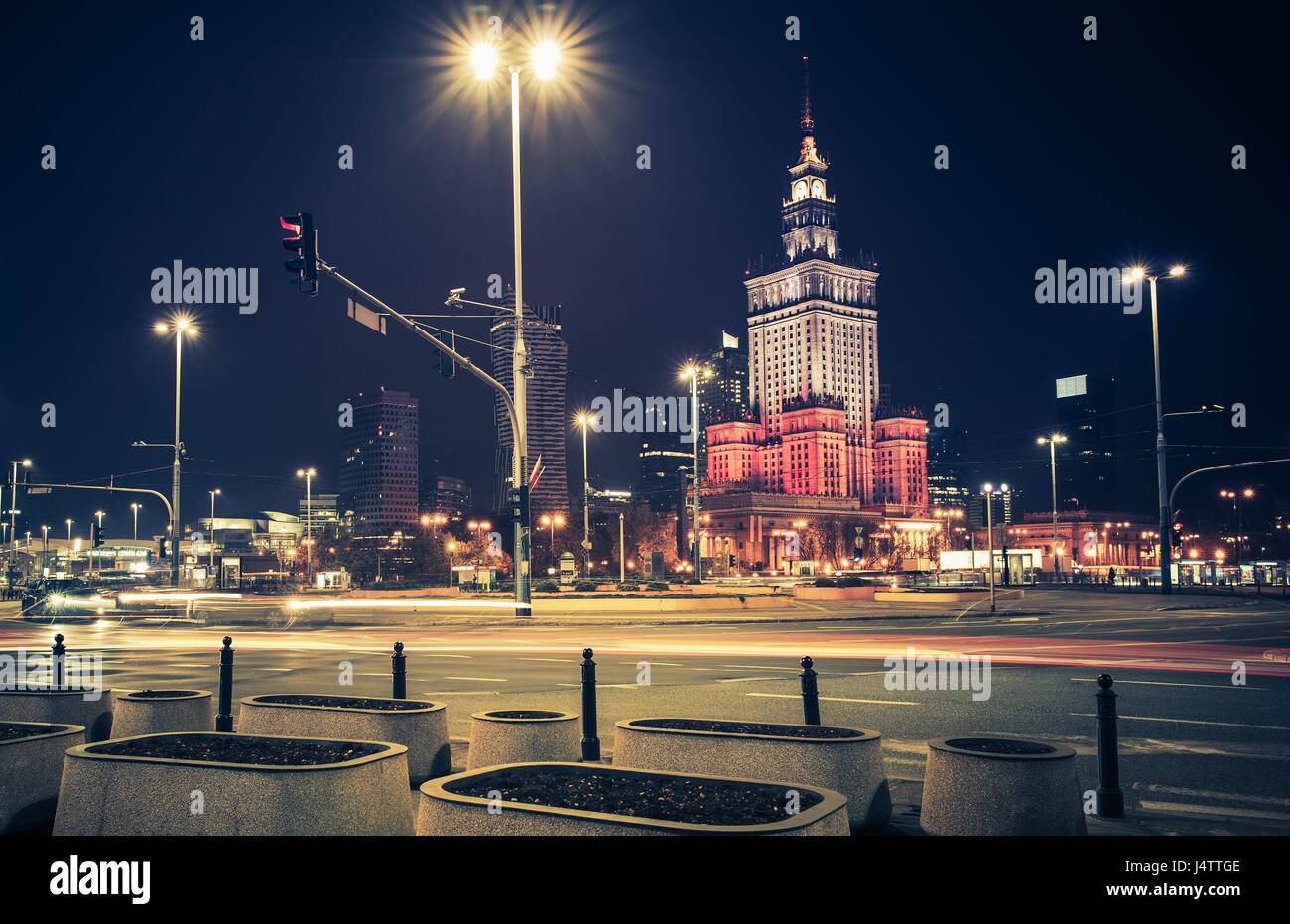 Downtown Warsaw at Night. Palace of Art and Science and the City Center ...