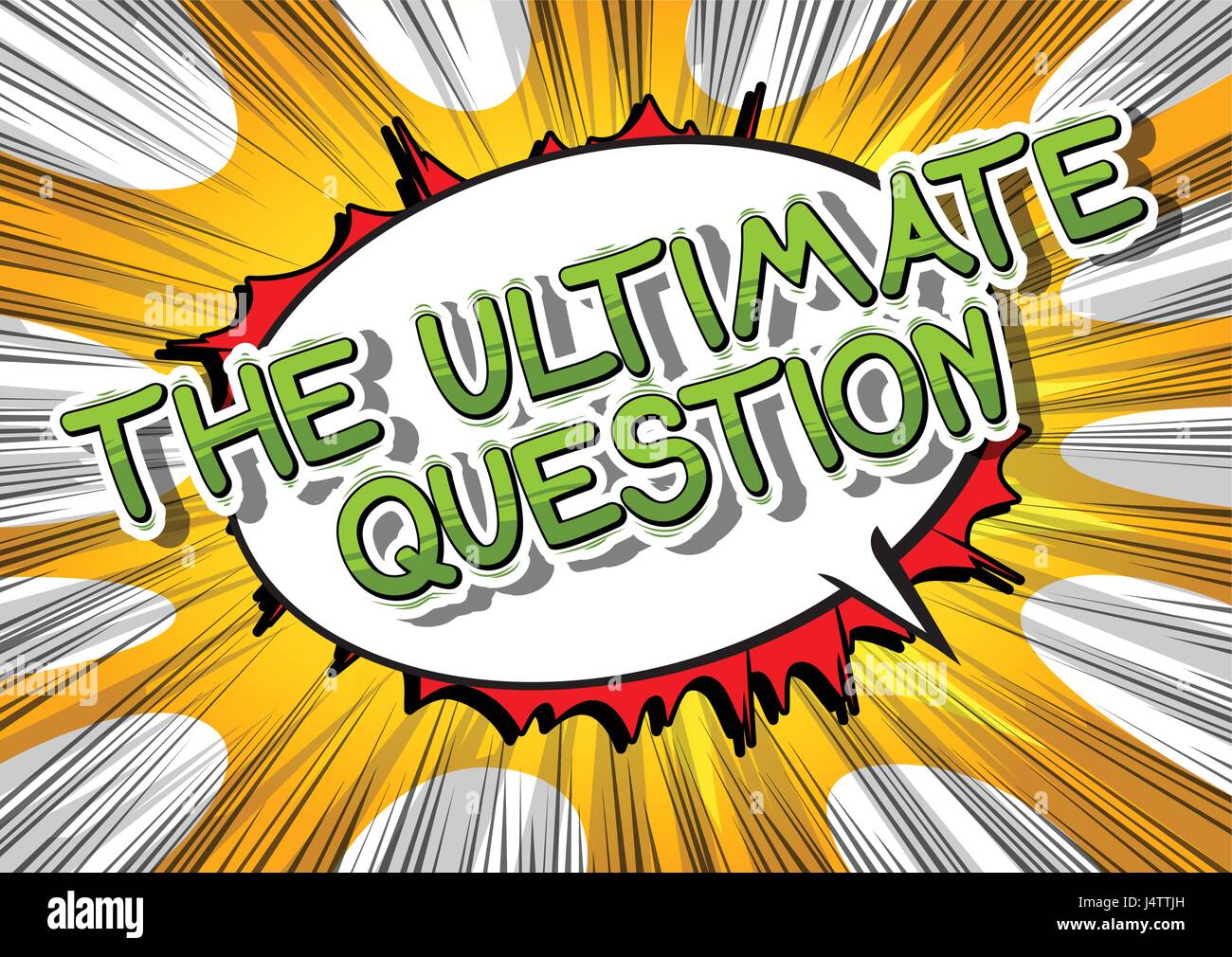 The Ultimate Question - Comic book style word on abstract background ...