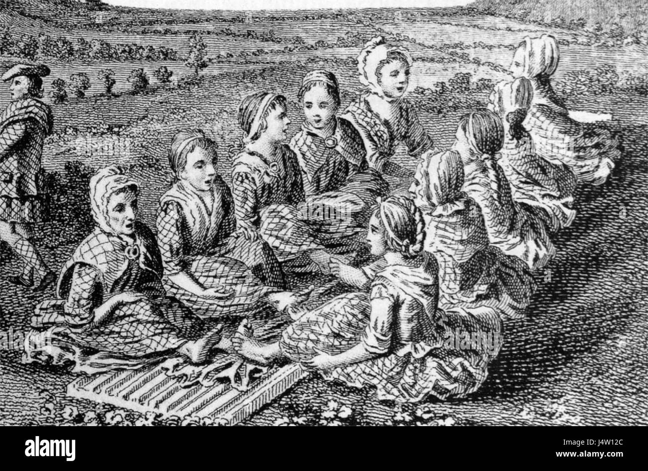 This 18th-century engraving depicts the traditional Scottish textile ...