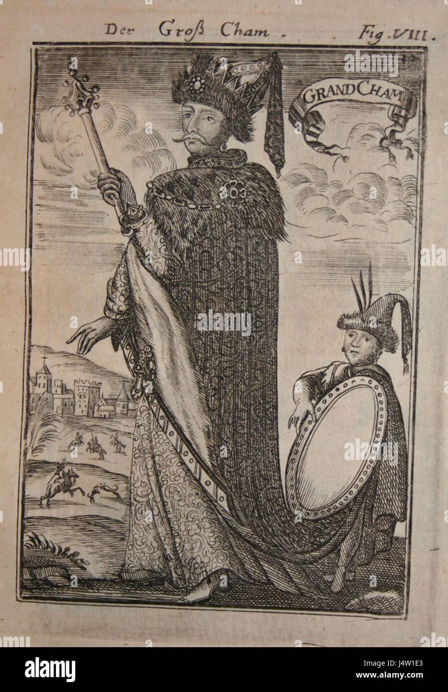 This historical artwork depicts the Grand Cham, the ruler of Tibet, in ...