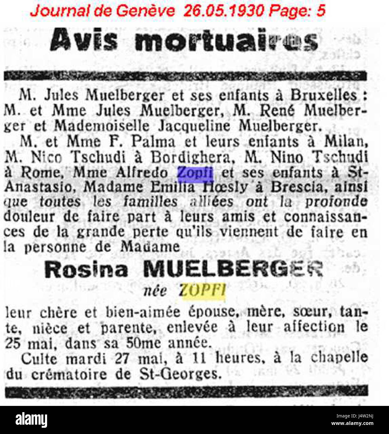 This is a necrology for Rosina Zopfi, marking her passing in 1930 ...