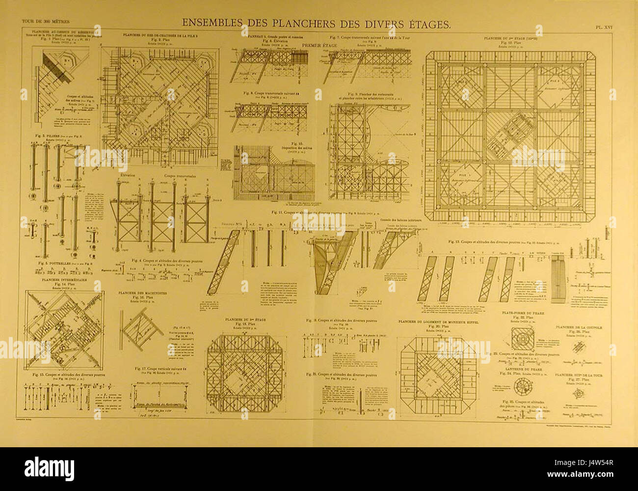 A detailed illustration or blueprint of the Eiffel Tower, showing a ...