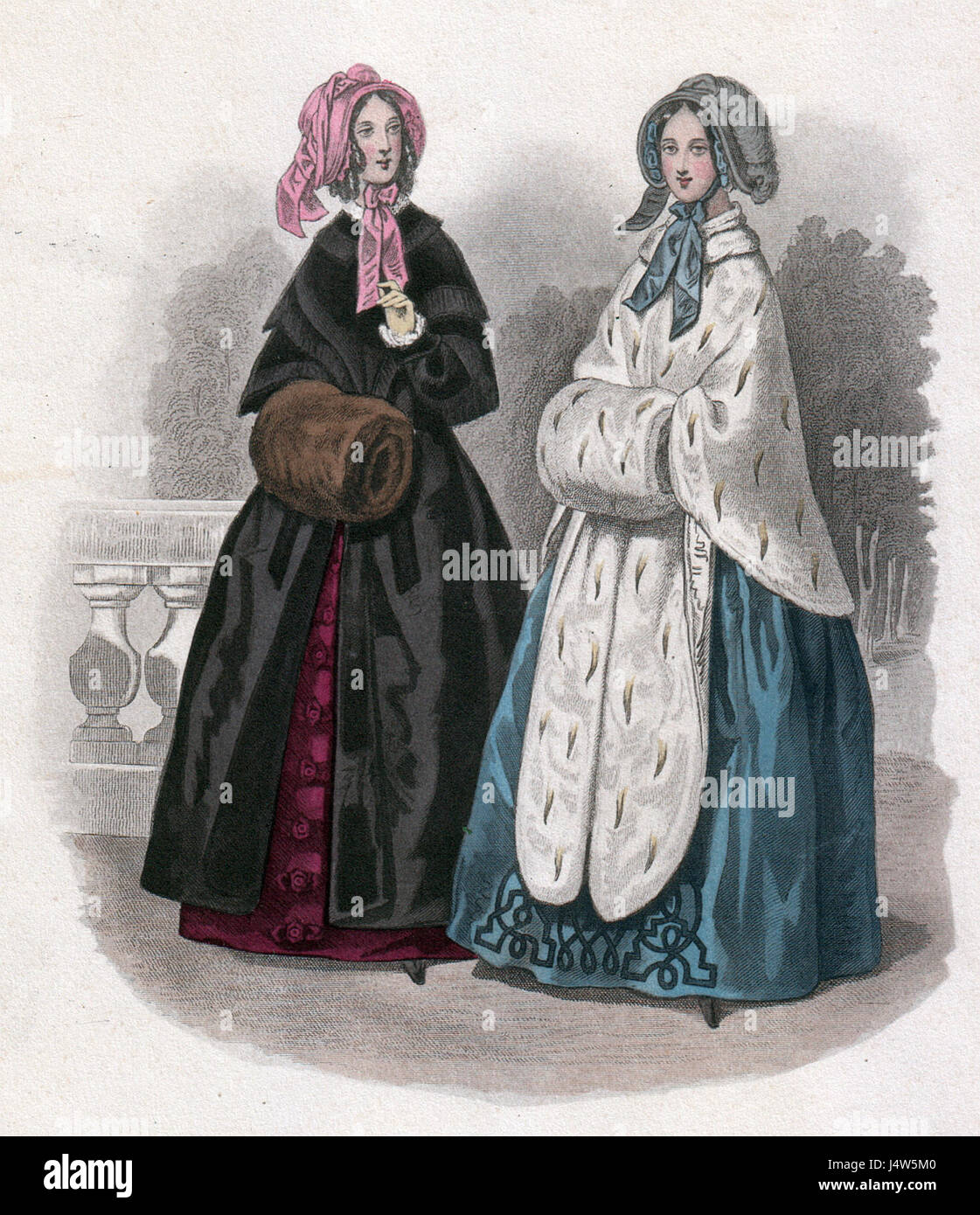 This image features two women dressed in fashionable 19th-century ...