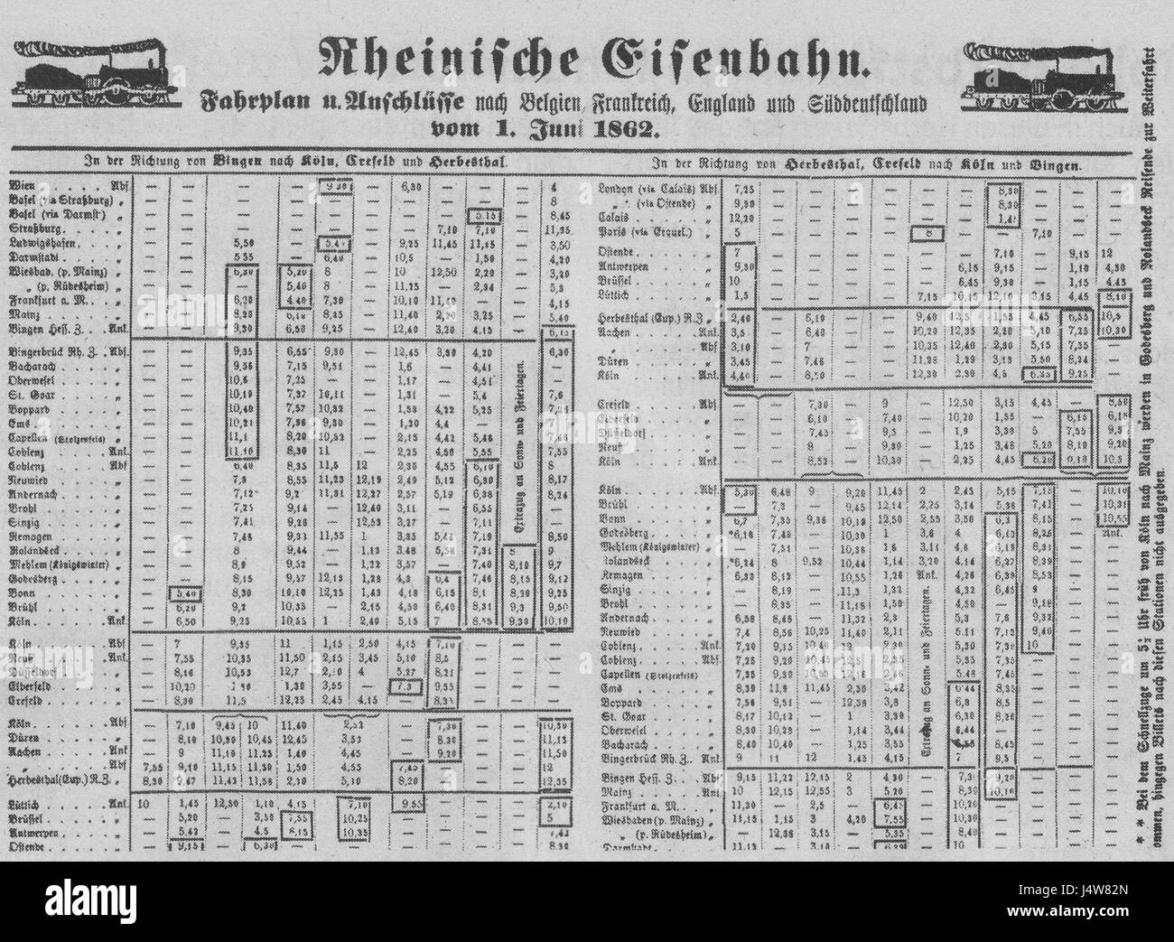 The timetable of the Rheinische Eisenbahn (Rhine Railway) outlines the ...