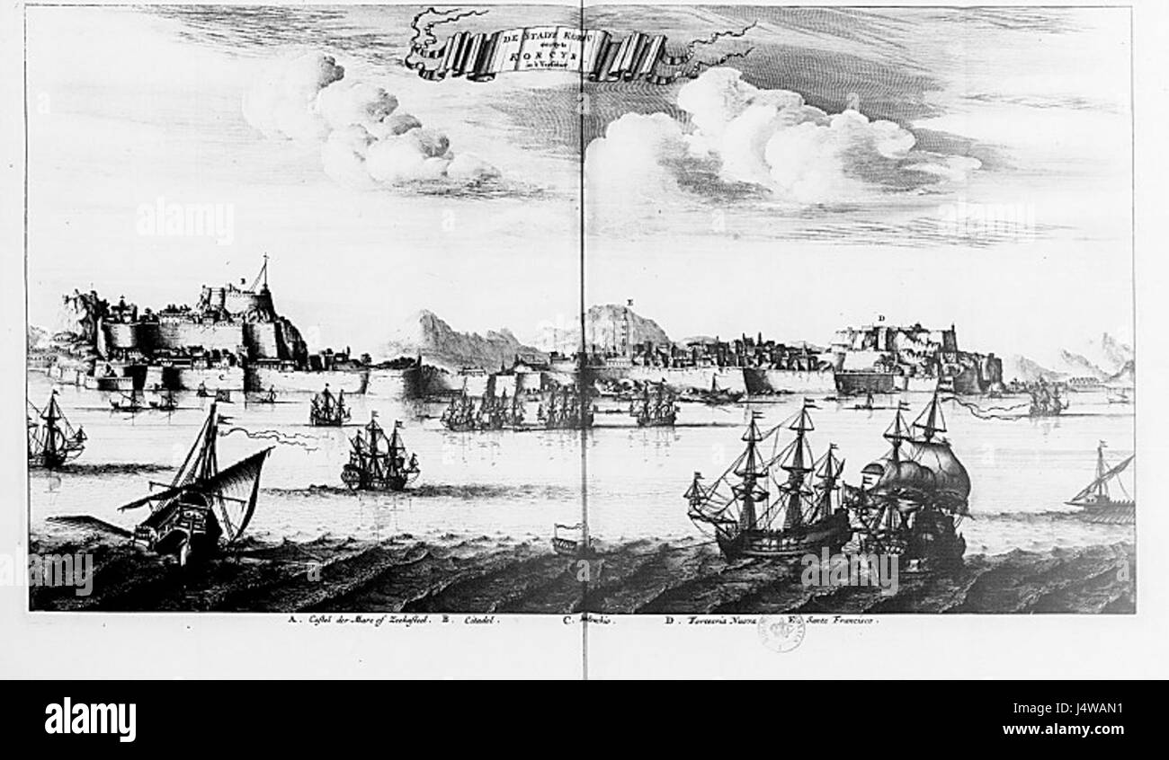 A historical depiction of Corfu, Greece, in 1688, illustrating the city ...