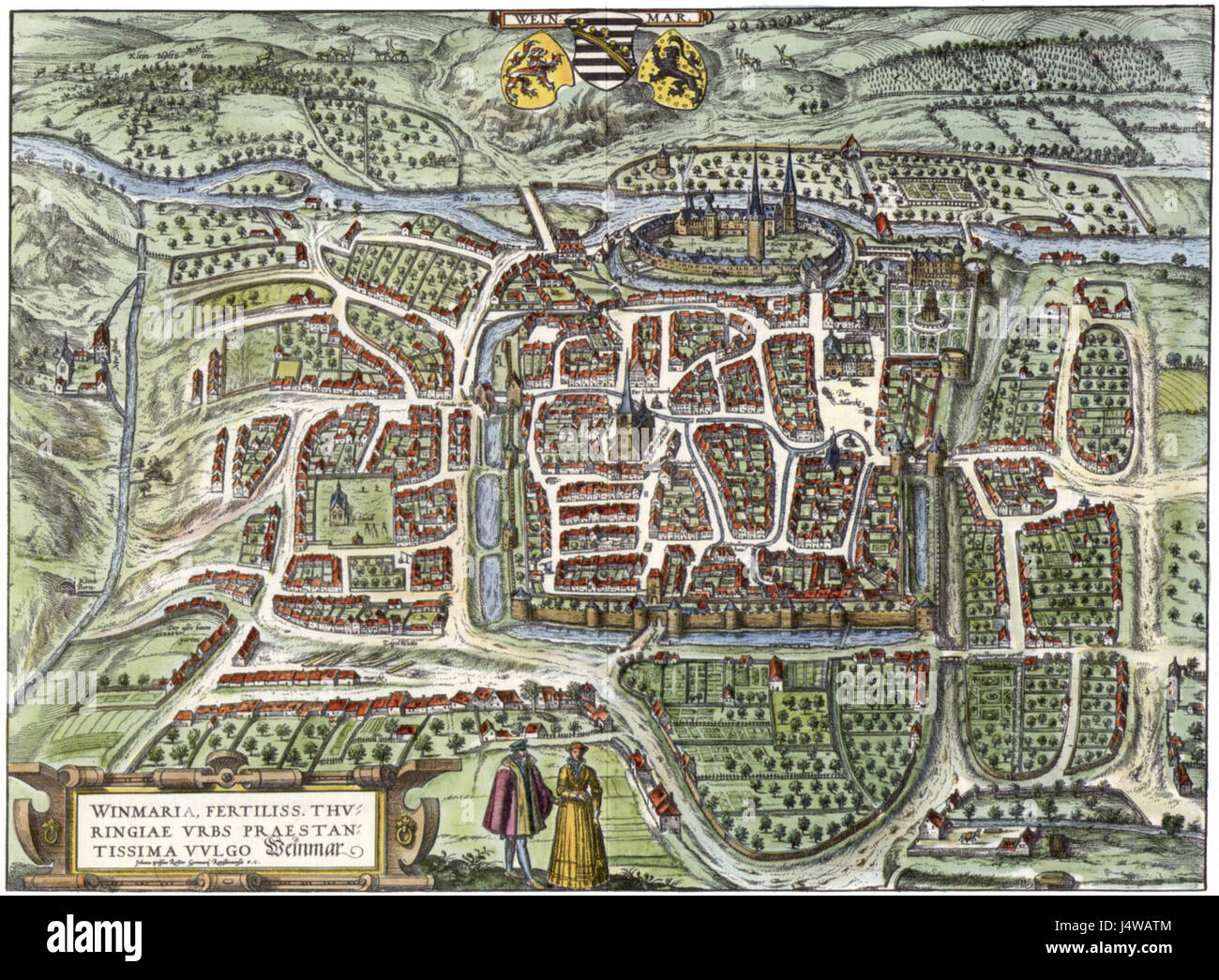 This image from 1588 depicts the city of Weimar in Germany, showcasing ...