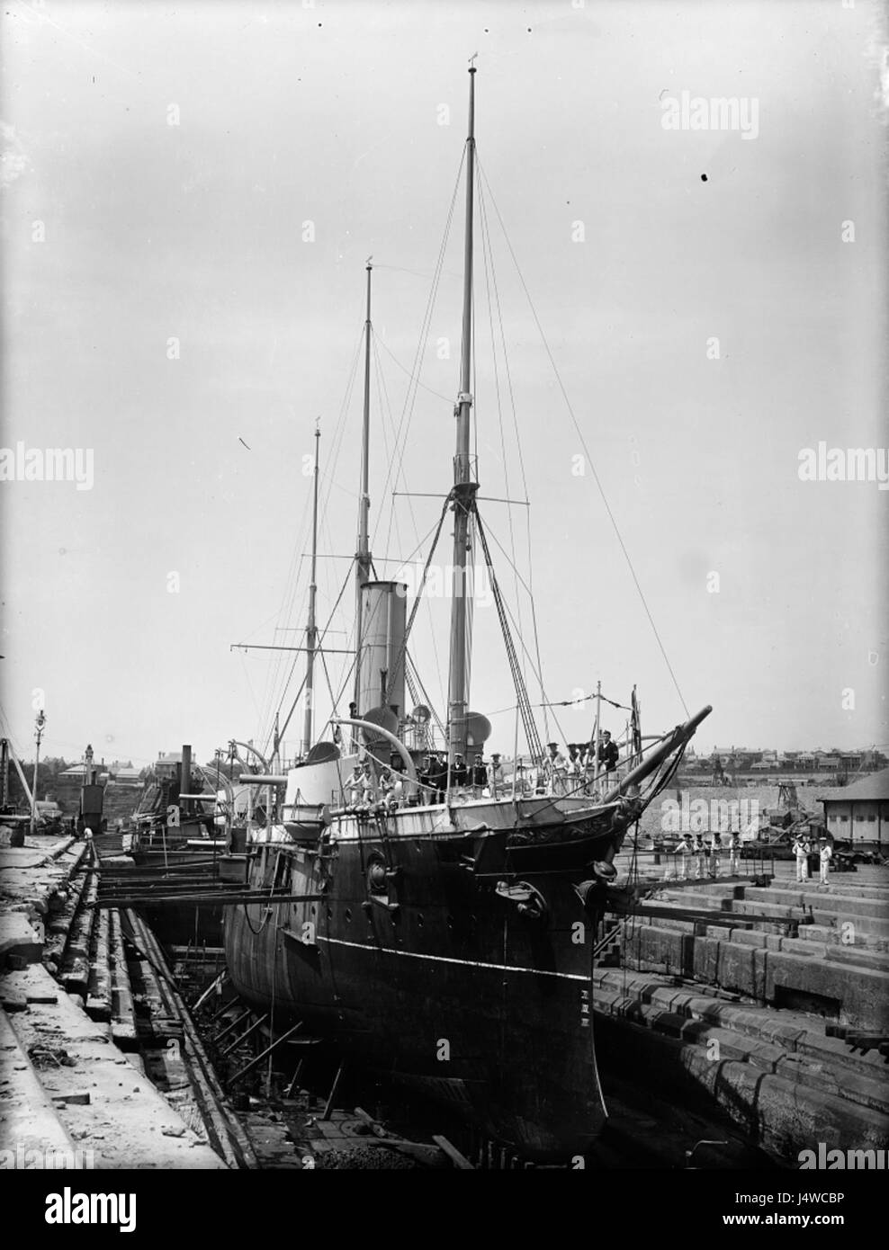 Photograph of a three-masted steam warship in dry dock in Australia ...
