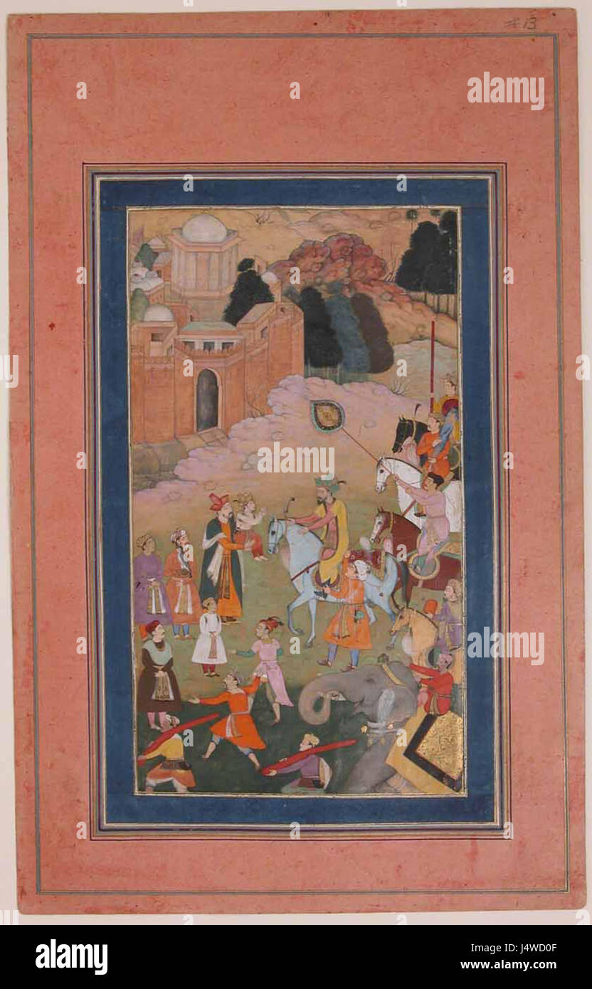 This artwork depicts the Mughal Emperor Humayun's return from a journey ...